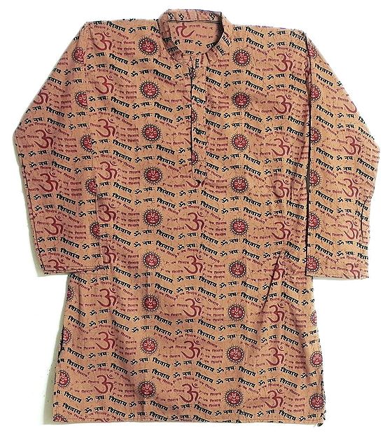 Full Sleeve Light Brown Long Kurta with Om Namah Shivai Print