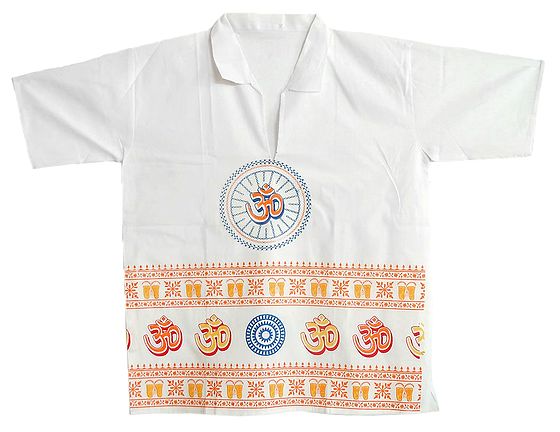 White Cotton Short Kurta with Om Print - Size - M