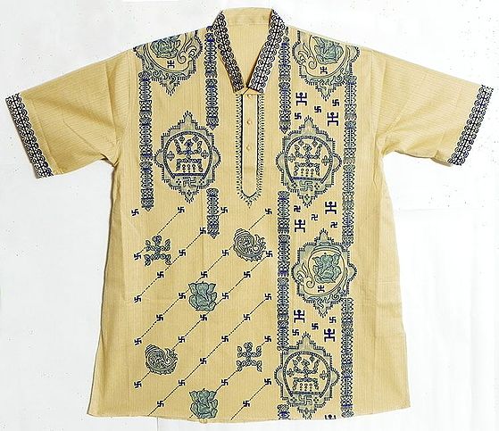 Half Sleeve Short Kurta with Ganesha and Hindu Symbol Print