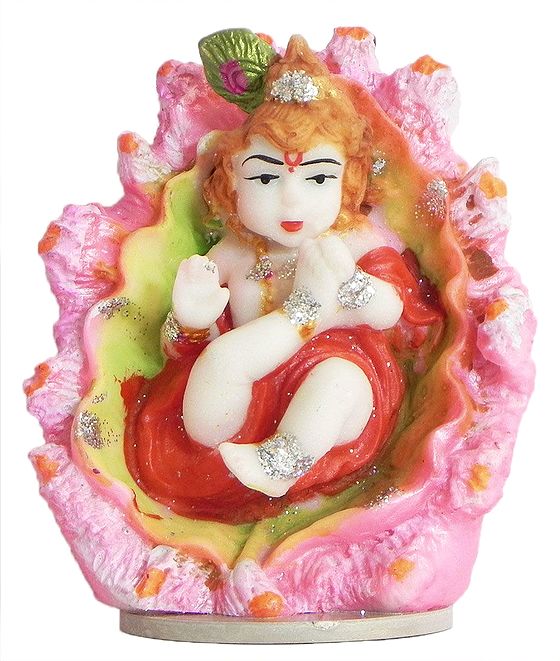 Bal Gopal on Leaf - Resin Statue - 4.5 x 3.5 x 2.5 inches