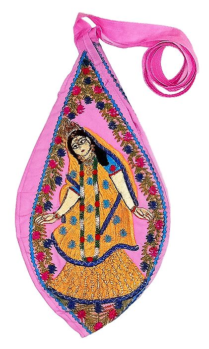 Embroidered Radha on Dark Pink Cotton Japa Mala Bag