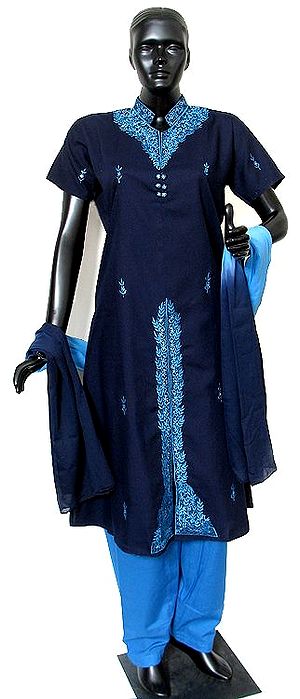 Dark Blue Salwar Kurta and Chunni with Light Blue Embroidery