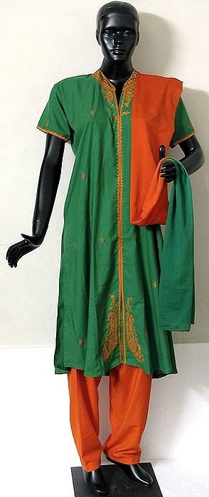 Embroidered Green and Orange Polyester Salwar Kurta with Dupatta