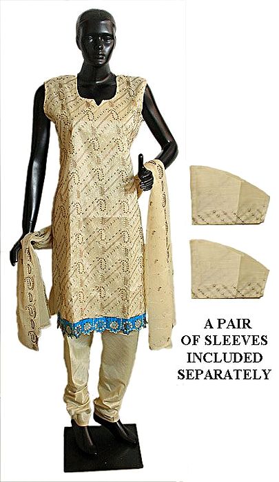 Embroidered Light Beige Churidar, Kurta and Chunni with a Pair of ...