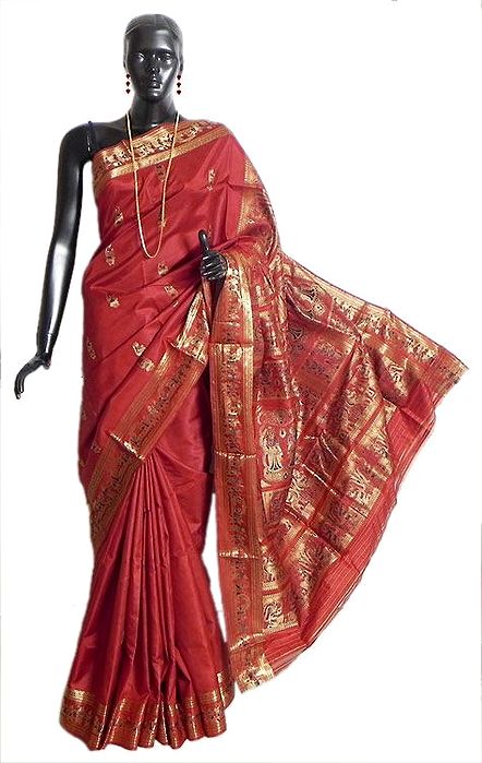 Brick Red Swarnachari Silk Saree with All-Over Zari Boota, Border and ...