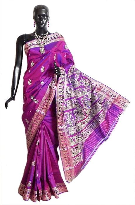 Purple with Magenta Mix Baluchari Silk Saree with All-Over Boota ...