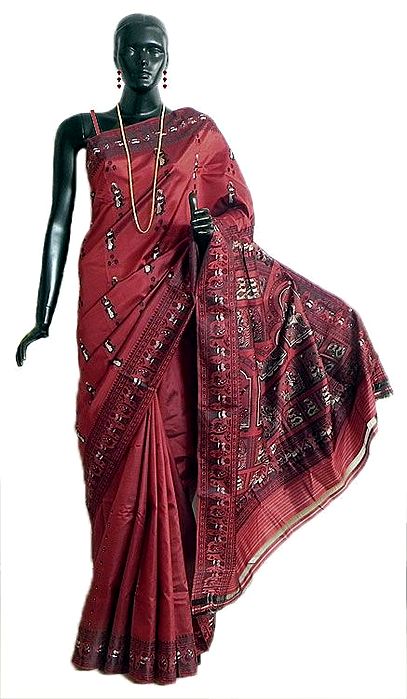Wine Red Baluachari Silk Saree with All-Over Boota and Woven ...