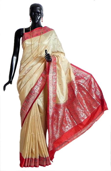 Banarasi Light Beige Koriyal Katan Silk Saree with All-Over Zari Boota ...