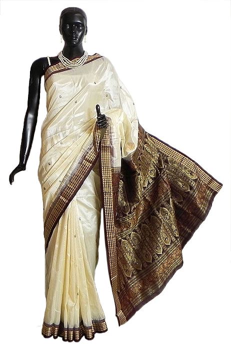 Off-White South Silk Saree with Woven Bomkai Design Pallu and Border in ...