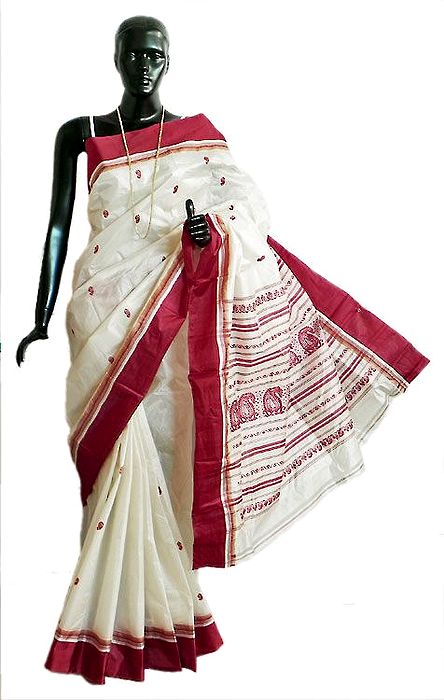 White Garad Silk Saree with All-Over Red Boota, Border and Pallu