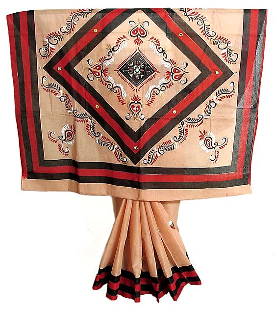 Hand Painted, Applique and Mirrorwork Peach Color Saree with Red and ...