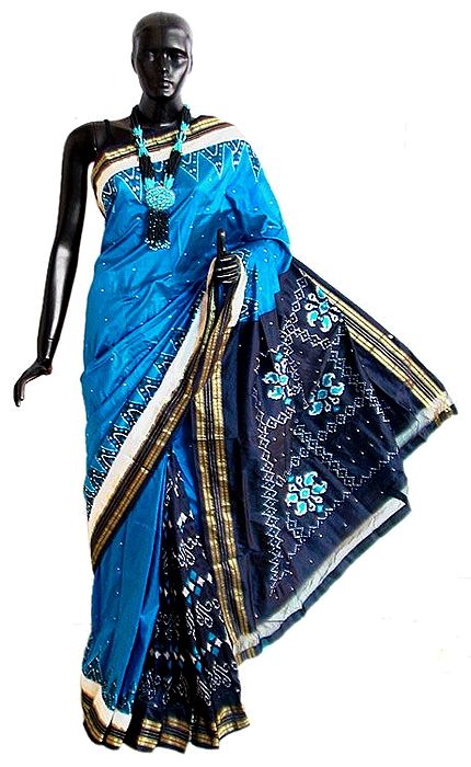All-Over Boota Cyan Orissa Silk Saree with Ikkat Design in Dark Blue ...