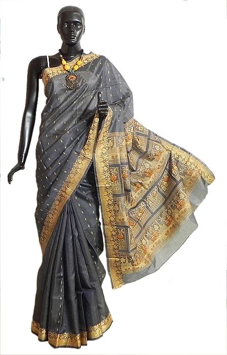Dark Grey Kosha Tussar Silk Saree with Baluchari Design Border and ...