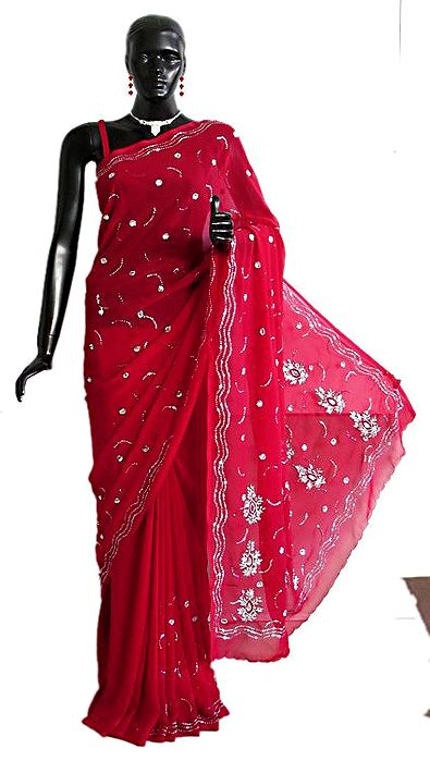 Red Saree with White Stone and Silver Sequin Work