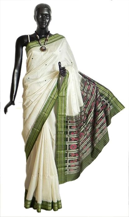 White Orissa Sambalpuri Silk Saree with All-Over Boota and Woven Ikkat ...