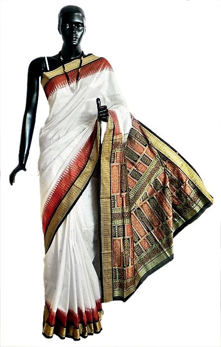 White Bomkai Orissa Silk Saree with All-Over Boota with Border and ...