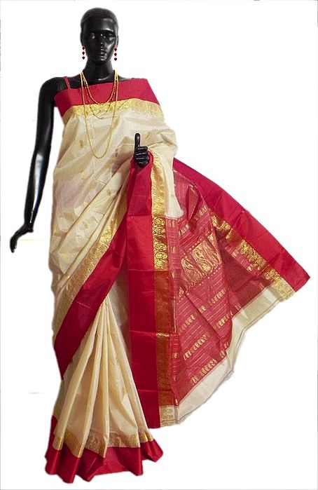 Off-White Garad Silk Saree with Border and Pallu in Golden and Red with ...