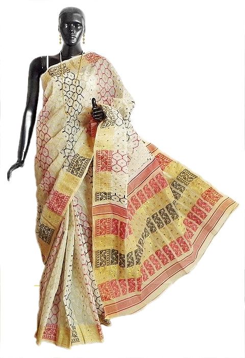 White Tangail Saree with Dhakai Jamdani Design