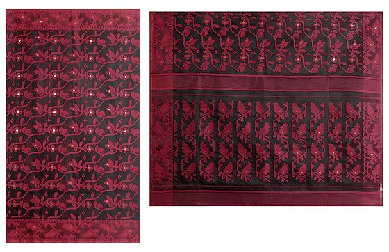 Red Boota on Black Tangail Saree