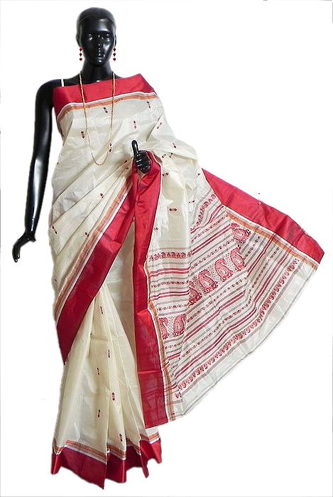 White Garad Silk Saree with All-Over Red Boota, Border and Pallu