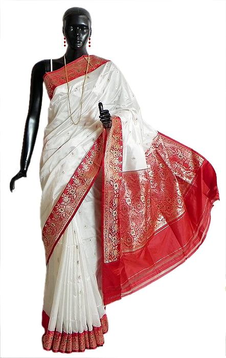 Banarasi White Koriyal Katan Silk Saree with All-Over Zari Boota, Red ...