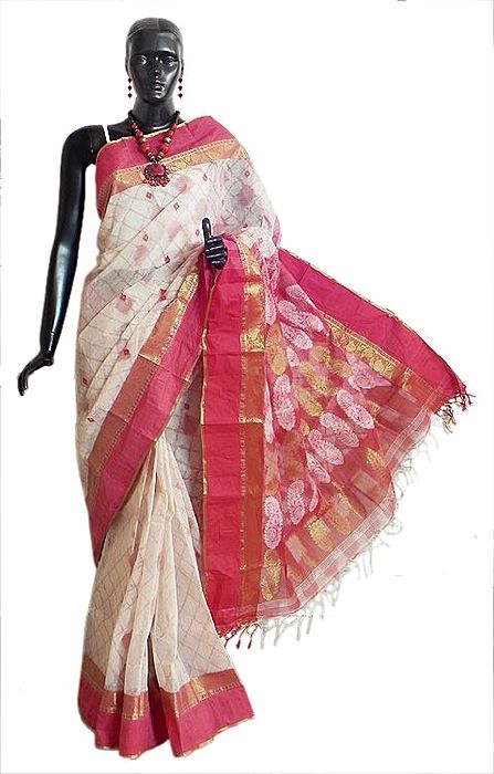 Red Weaved Design on White Cotton Tangail Saree with Red and Golden ...