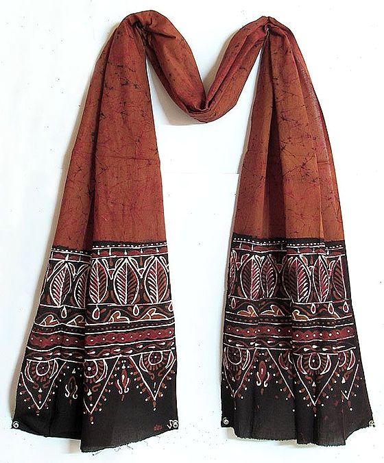 Dark Brown with Black Border Batik Stole with Leaf Motif