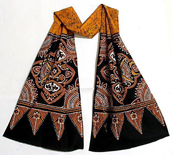 Light Saffron, Red, White and Black Batik Stole