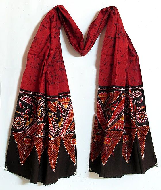 Red with Black Border Batik Stole with Indian Art Motif