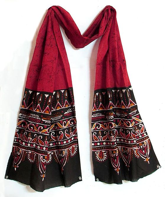 Red with Black Border Batik Stole with Indian Art Motif
