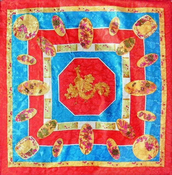 Red and Yellow Print on Blue Satin Silk Head Scarf
