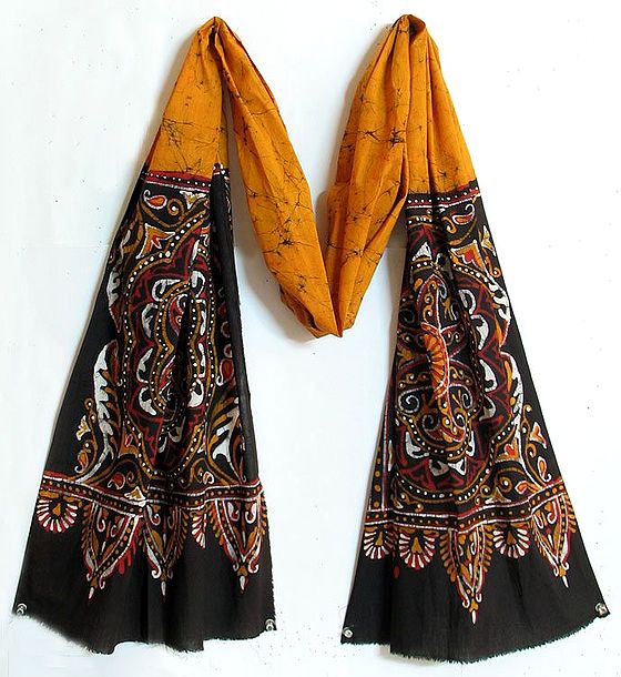 Dark Yellow with Black Border Batik Stole with Indian Art Motif