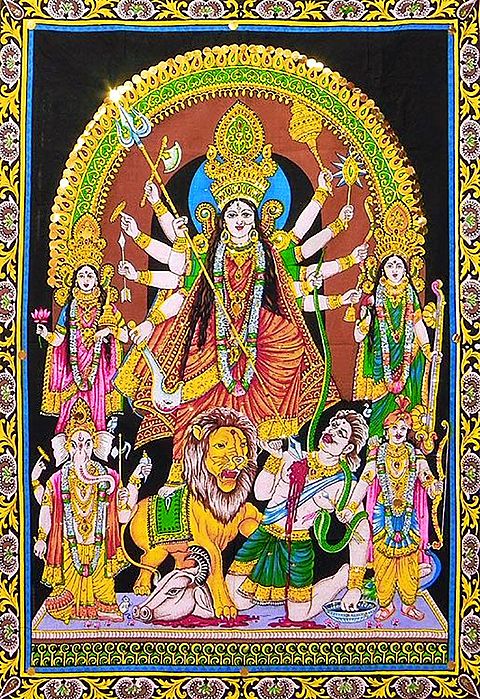 Durga - Print on Cloth with Sequin Work - Unframed