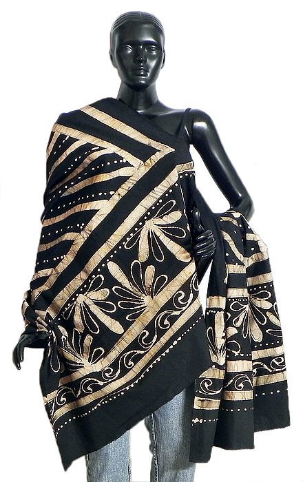 Black and Off-White Batik Print Cotton Stole