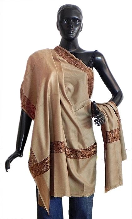 Plain Camel Brown Woolen Shawl with Weaved Border
