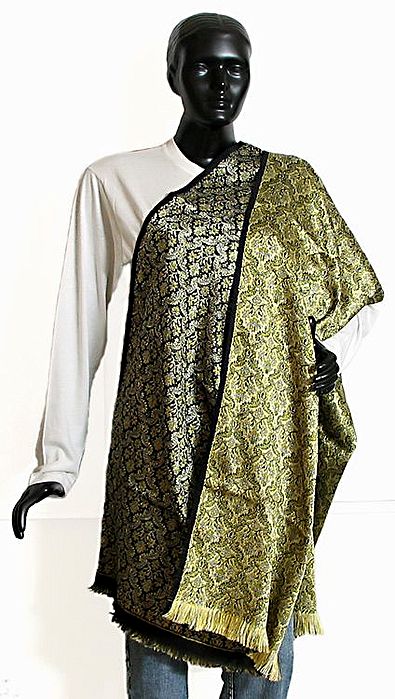 Black and Light Yellow Jamavar Design Reversible Himroo Shawl