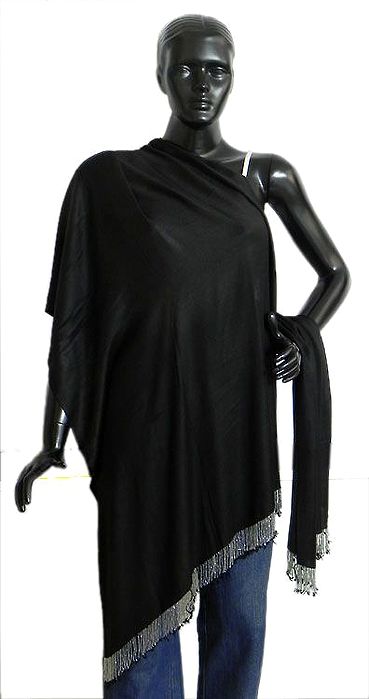 Black Woolen Stole with Beaded Fringe