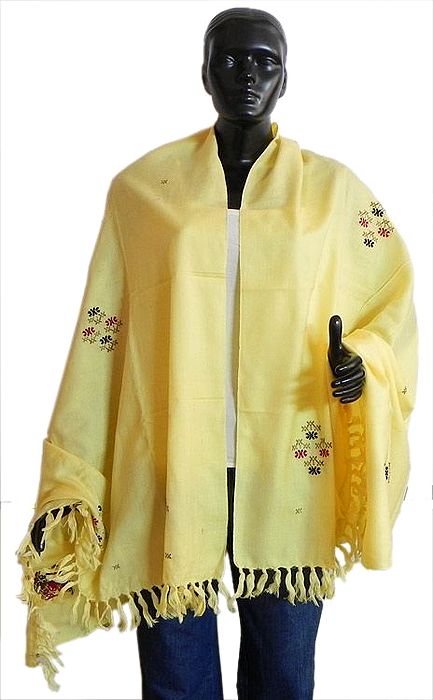 Light Yellow Manipuri Shawl with Embroidery