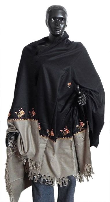 Black with Grey Border Woolen Shawl with Hand Embroidery