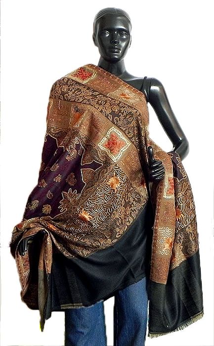 Brown and Black Designer Kani Shawl with Ari Stitch Embroidery