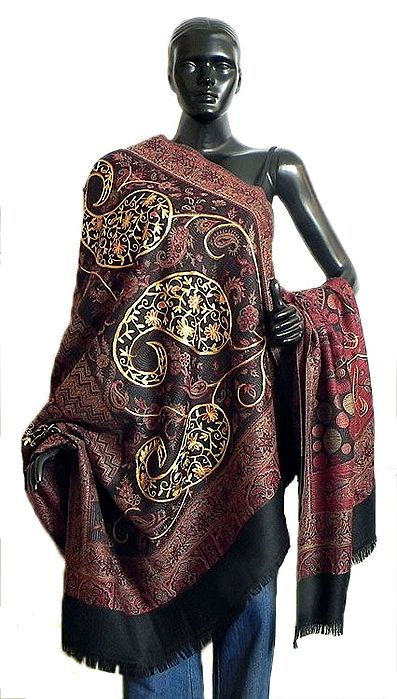 Maroon and Black Designer Kani Shawl with Ari Stitch Embroidery