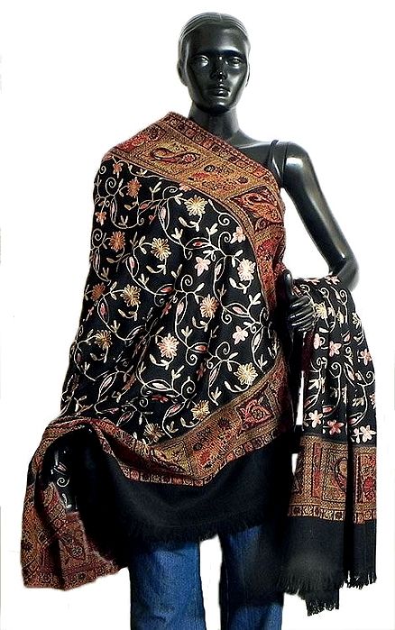 Black Designer Kani Shawl with Ari Stitch Embroidery