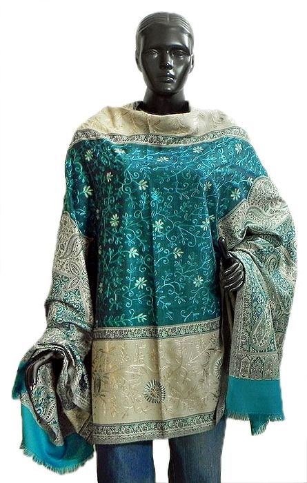 Cyan Designer Kani Shawl with Ari Stitch Embroidery