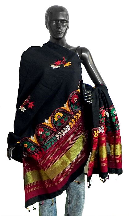 Ladies Kutchi Black Shawl with Embroidery and Mirrorwork