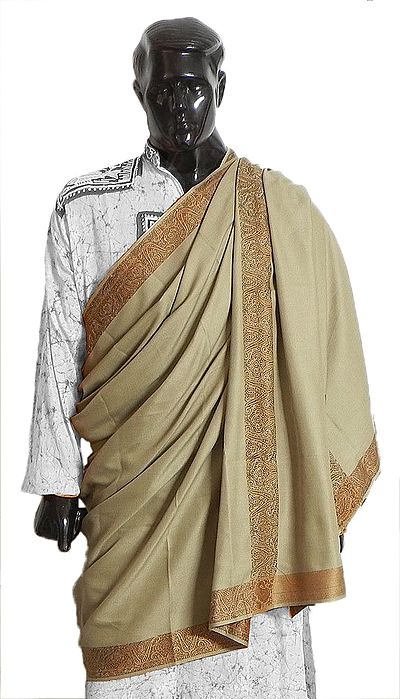 Khaki Woolen Gents Shawl with Weaved Border