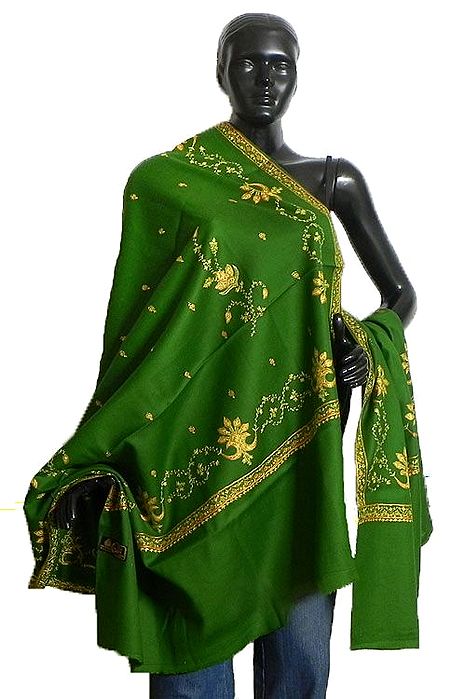 Green Kashmiri Tusha Shawl with Sozni Embroidery by Hand