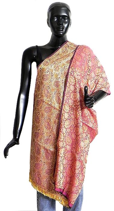 Jamavar Design Reversible Mauve and Yellow Himroo Shawl