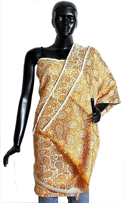 Jamavar Design Reversible Saffron and White Himroo Shawl