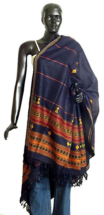 Striped Dark Blue Manipuri Woolen Shawl with Woven Border