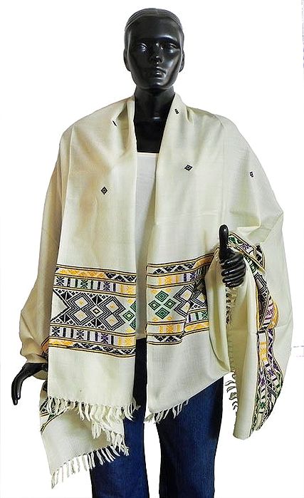 White Manipuri Shawl with Weaved Border
